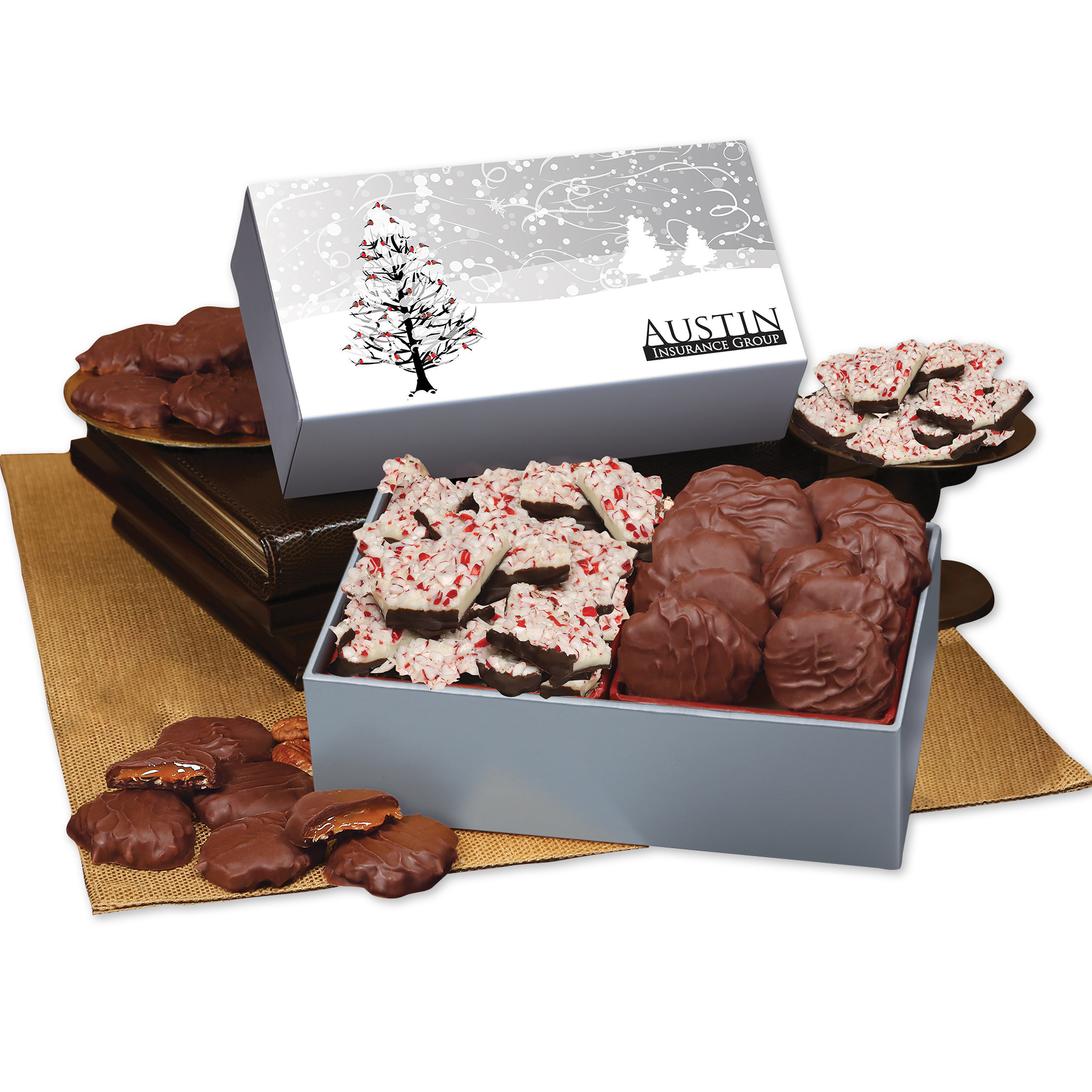 Peppermint Bark & Pecan Clusters in Gift Box with Cardinals in Tree ...
